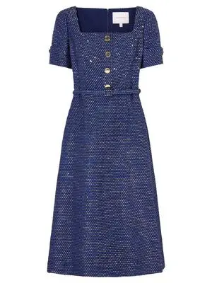 Carolina Herrera Belted Metallic Cotton-blend Tweed Midi Dress - Blue