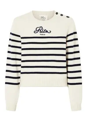 FRAME Ritz Paris Embroidered Striped Cashmere Sweater - Cream