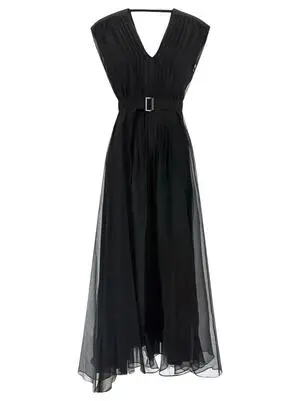 Brunello Cucinelli Pleated V-neck Silk Maxi Dress - Black