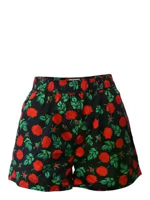 GANNI Rose-print Cotton Shorts - Black