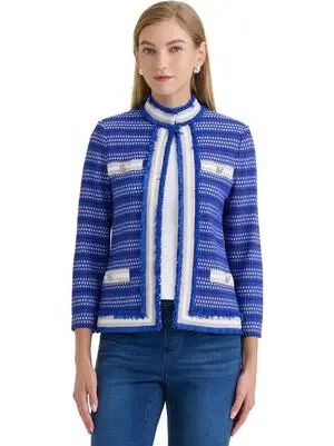 Ming Wang Heritage Ribbon Fringe Trim Knit Jacket - Sapphire Sea/limestone