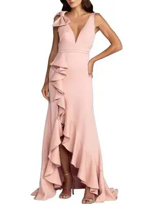Mac Duggal Crepe Sleeveless Ruffled V-neck Gown With Bow - Blush