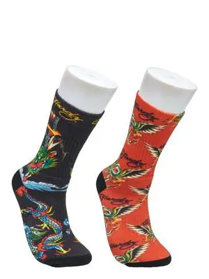 Ed Hardy Dragon 360 Print Crew Socks 2 Pack - Red