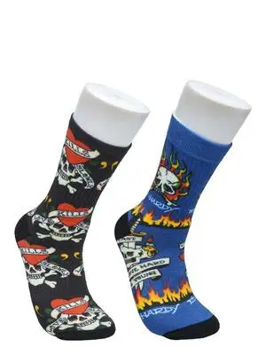 Ed Hardy Flaming Skull Print Crew Socks 2 Pack - Blue