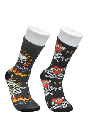 Ed Hardy Flaming Skull Print Crew Socks 2 Pack - Grey