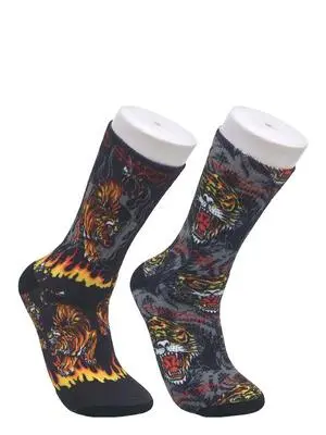 Ed Hardy Tiger Print Crew Socks 2 Pack - Black