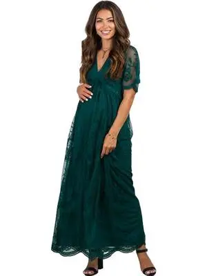 PINKBLUSH Lace Mesh Overlay Maternity Maxi Dress Forest Green