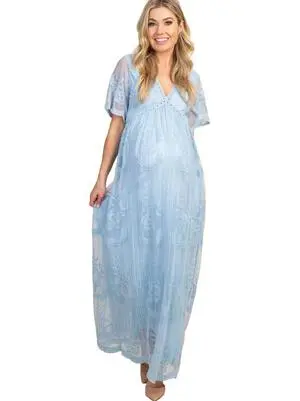 PINKBLUSH Lace Mesh Overlay Maternity Maxi Dress Light Blue