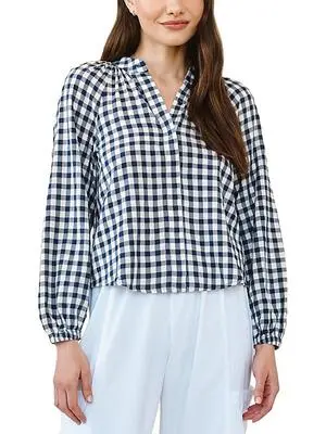 Bella Dahl Long Sleeve Shirred Raglan Shirt - Navy Gingham