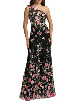 Mac Duggal Petite One-shoulder Floral Embroidered Gown - Black Multi