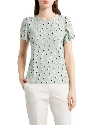 Anne Klein Dot Print Tulip Sleeve Top - Soft Aloe Multi