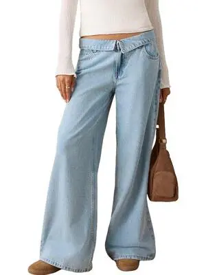 Mango Foldover Low-rise Wide-leg Jeans - Light Blue