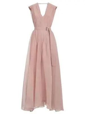 Brunello Cucinelli Belted Pleated Silk Maxi Dress - Pink