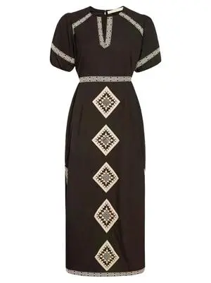 MARIE OLIVER Embroidered V-neck Midi Dress - Black