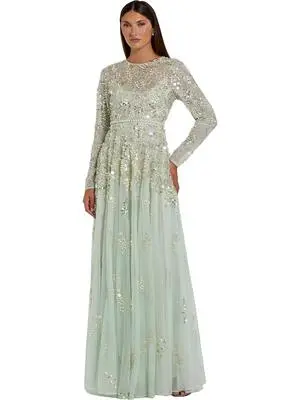 Mac Duggal Sequin And Pearl Embellished A-line Gown - Sage