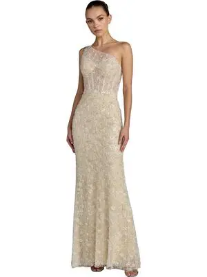 Mac Duggal Embellished One-shoulder Column Gown - Oyster Nude