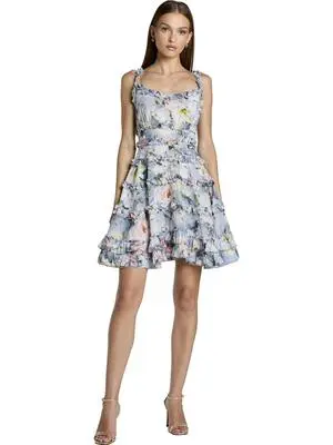 Mac Duggal Floral Ruffled Cotton Mini Dress - Blue