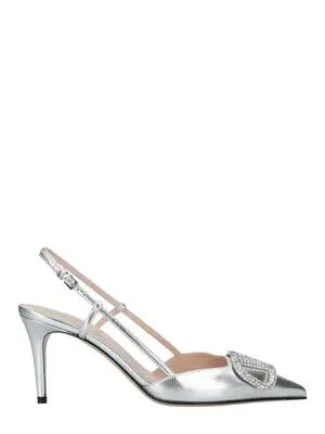 Valentino Garavani Leather Embellished Vlogo Slingback Pumps - Silver