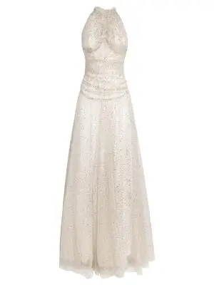 SANDRA MANSOUR Tulle Embellished Nue Gown - White