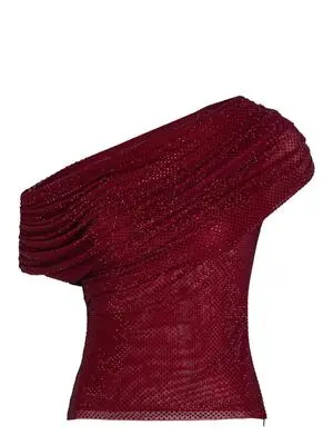 SELF-PORTRAIT Rhinestone-embellished Draped Stretch-mesh Top - Burgundy
