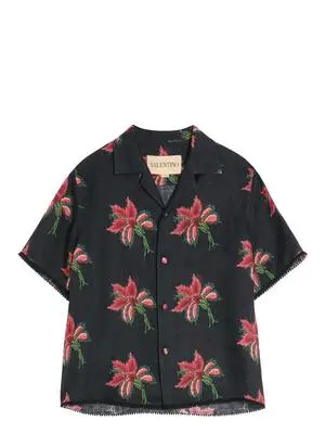 Valentino Garavani Linen Bowling Shirt With Papier Floral - Black/red