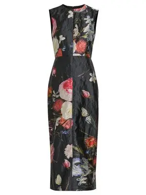 Erdem Floral-print Crinkled Satin Midi Cocktail Dress - Black