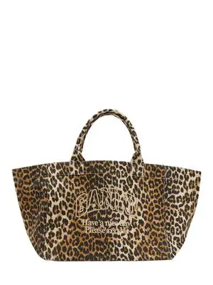 GANNI Printed Xxl Shopper Canvas Tote Bag - Leopard