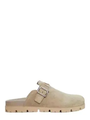 Prada Logo Buckle Suede Mules - Neutrals