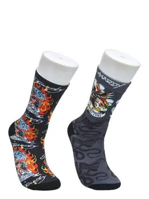 Ed Hardy Flaming Eagle Printed Crew Socks 2 Pack - Black