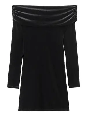 Mango Off-the-shoulder Long Sleeve Velvet Mini Dress - Black