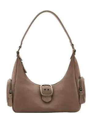 Mango Suede Buckle Handbag - Medium Brown