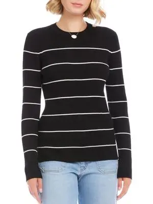 Karen Kane Stripe Ribbed Crewneck Sweater - Black/off White