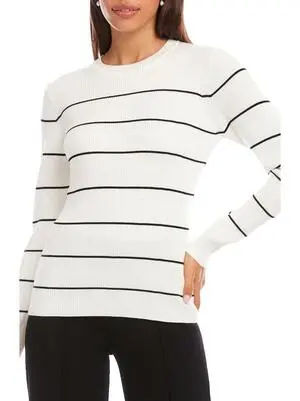 Karen Kane Stripe Ribbed Crewneck Sweater - Off White/black