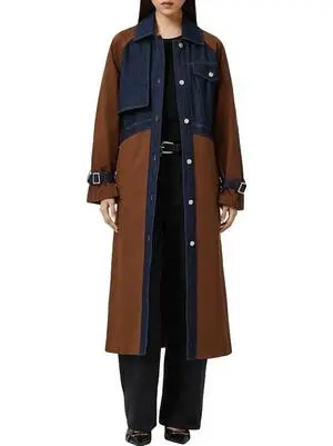 ALLSAINTS Dayly Tie-waist Trench Coat With Denim Accents - Cognac Brown