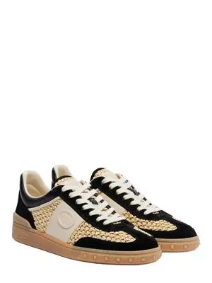 Valentino Garavani Vlogo Raffia And Leather Sneakers - Black