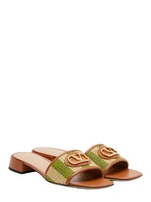 Valentino Garavani Vlogo Leather-trimmed Raffia Slides - Beige