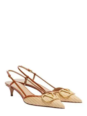 Valentino Garavani Vlogo Leather-trimmed Raffia Slingback Pumps - Beige