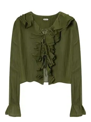 BODE Flounce Ruffled Silk-Crepon Blouse Forest Green