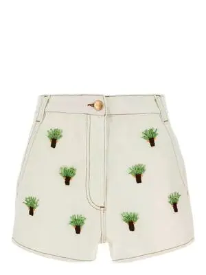 Farm Rio Embroidered Denim Shorts - White
