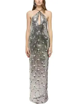 NISSA Sequined Halterneck Gown With Open Back And Slit - Silver