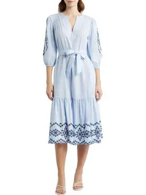 Rails Carmel Eyelet Embroidered Cotton Dress With Tie Belt - Blue Bird