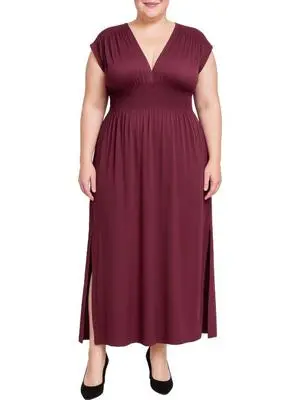 STANDARDS & PRACTICES V-neck Smocked Waist Midi Dress - Burgundy