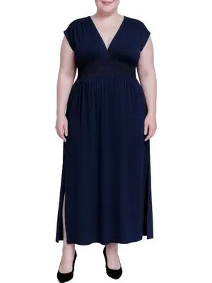 STANDARDS & PRACTICES V-neck Smocked Waist Midi Dress - Navy