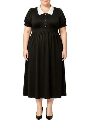 STANDARDS & PRACTICES Contrast Collar Midi Dress - Black