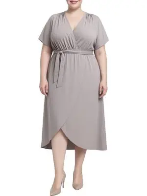 STANDARDS & PRACTICES Tie Front Faux Wrap Midi Dress - Grey