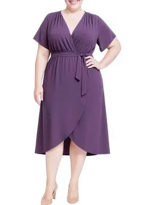 STANDARDS & PRACTICES Tie Front Faux Wrap Midi Dress - Purple