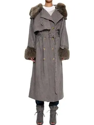 JADED LONDON Oversized Faux Fur Trimmed Hooded Trench Coat - Grey