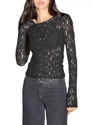 Mango Long Sleeve Lace T-shirt - Black