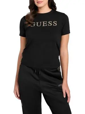 Guess Rhinestone Logo Organic Cotton Blend T-shirt - Black