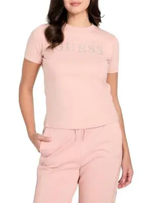 Guess Rhinestone Logo Organic Cotton Blend T-shirt - Light Pink